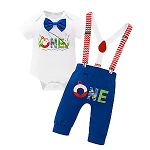 Kewlent Baby Boys Fishing 1st Birthday Outfit Cake Smash Bowtie Romper + Shorts + Suspenders + Hat Clothes Set for Photo Shoot(Blue02,12-18 Months)