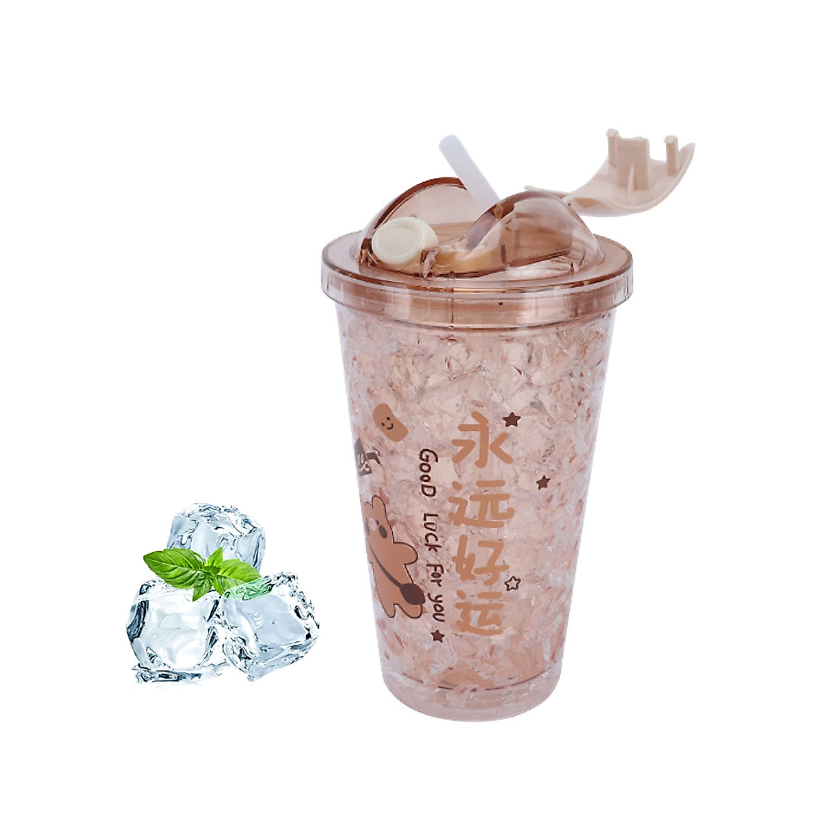 Cute Water Tumbler, 450ml Water Drinking Cup Reusable Double Wall Water Bottle with Straw Kawaii Water Bottle for Home Travel Tumbler(Brown)