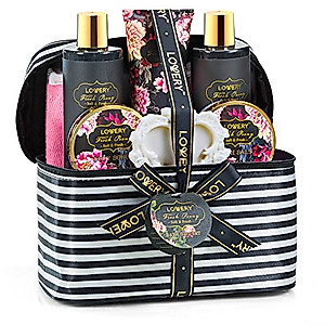 Valentines Day Home Spa Gift Basket, 8pc Bath & Body Set For Women and Men, Fresh Peony Scent - Contains Shower Gel, Bubble Bath, Lotion, Bath Salt, Body Scrub, Bath Soap, Back Scrubber & Cosmetic Bag