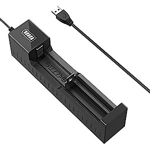 LCLEBM 4Pcs 3600mAh Flat Top 3.7V 30A Rechargeable Battery with 1 Bay USB Charger and Storage Holder Case for Fan Spotlight Flashlight,Camera and More