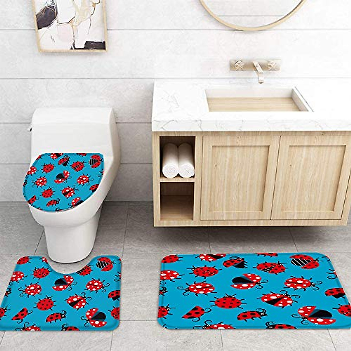 4 Piece Shower Curtain Sets Cute Ladybug Red Black Carapace Insect Dense Animal Blue Non-Slip Rug, Toilet Lid Cover, Bath Mat Waterproof Shower Curtain Bathroom Sets with 12 Hooks Bath Decor