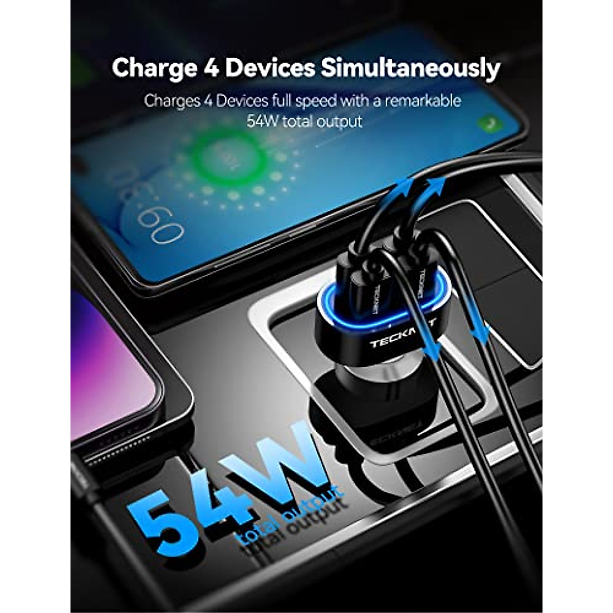 TECKNET USB Car Charger 54W 4-Port USB Car Charger Adapter QC 3.0 Port Compatible with iPhone 14 Pro Max/14 Plus/iPhone 13 12 11 Pro Max X XR XS 8 Samsung Galaxy Note 20/10 S21/20/10 Google Pixel