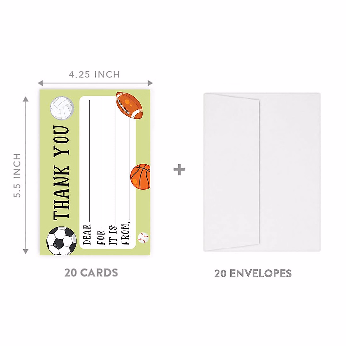 Andaz Press Kids Fill in the Blank Thank You Cards - 20 Cards Including Envelopes Sports Theme Gender Neutral Note Cards For Boys Girls Birthday Party Thank You Notes for Friends, Family Party Guests