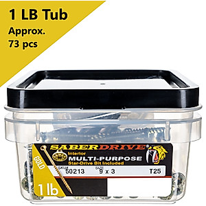 #9 x 3 Saberdrive Star Drive Multi-Purpose Construction Screws 1 LB, Approx. 73 Pieces, Durable Wood Screws, Serrated Thread for Secure Fastening, Avoid Cam Out