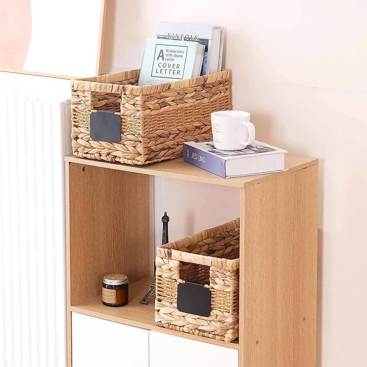 BLEJOY Wicker Storage Basket, Natural Water Hyacinth Baskets for Organizing, Decorative Storage Basket for Shelves with Built-in Handle, Handwoven Wicker Baskets with Letter Plate, 1-Pack