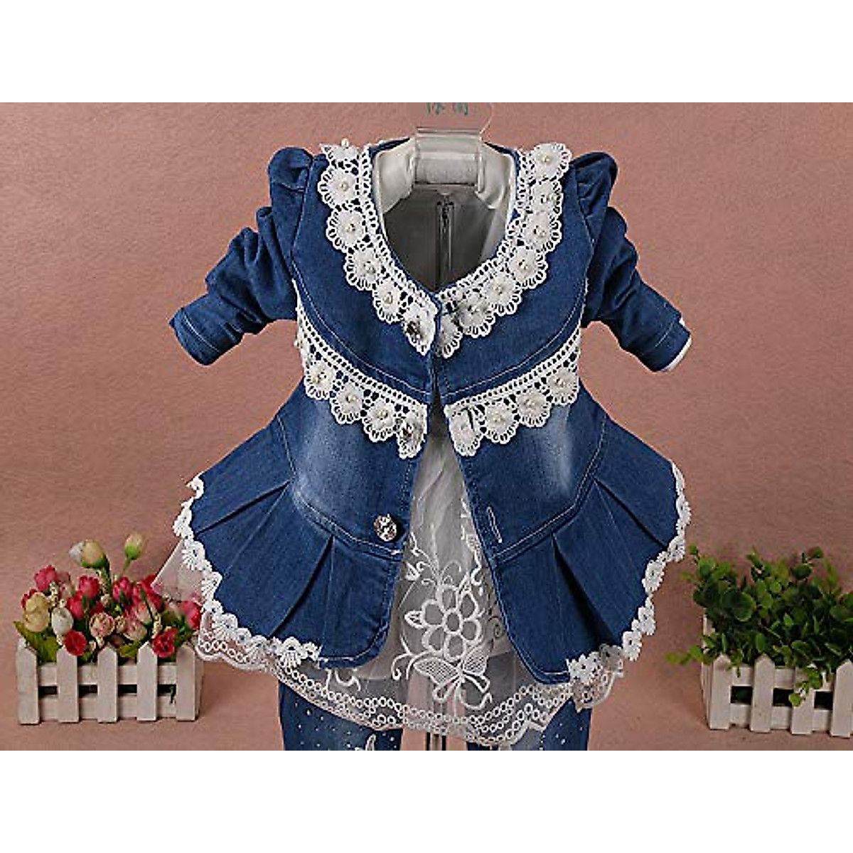 Yao 6M-4Y Infant 3Pcs Baby Girls Clothes Set Toddler Outfits Lace Dress Jacket and Jeans (6-12M,Flower-White)