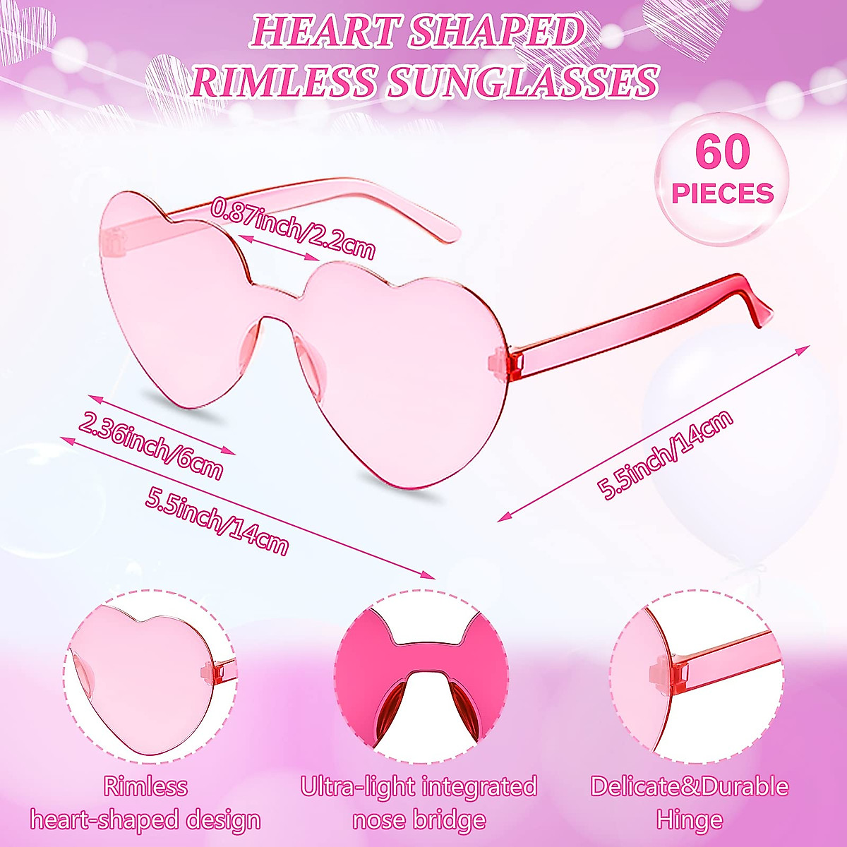 60 Pairs Heart Sunglasses Pink Heart Shaped Rimless Sunglasses Transparent Heart Frameless Glasses Candy Color Heart Sunglasses for Party Favor Cosplay
