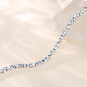 FANCIME Sterling Silver Created Aquamarine Tennis Bracelet March Birthstone Bracelet Cubic Zirconia Oval Gemstone Dainty Charm Fine Jewelry for Women 7"