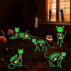 Halloween Decorations Outdoor Yard Signs, 5 Pcs Glow in the Dark Skeleton Cat, Halloween Yard Signs with Stakes for Lawn Garden Front Yard Decorations - Halloween Decor Outside