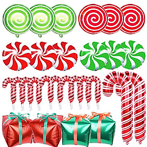 YUJUN 30Pcs Christmas Balloons Decoration Set, Candy Cane Gift Box Mylar Foil Balloons for Christmas New Year Candies Xmas Theme Party Decorations