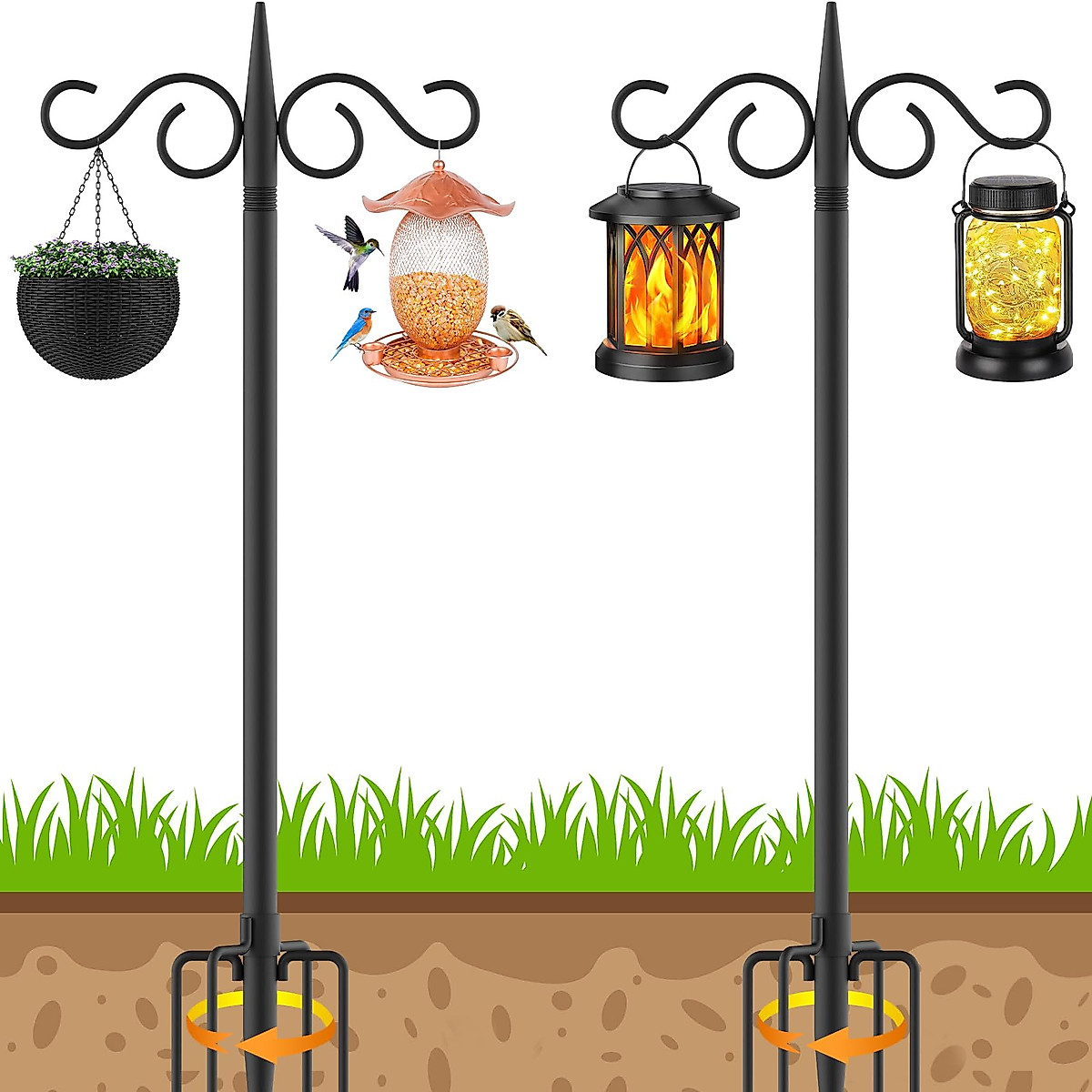 NUERPO Adjustable Shepherd Hooks for Outdoor,2 Pack 108 Inch 5 Prong Base Bird Two Sided Feeder Poles,Heavy Duty Shepherds Hook,Suitable for Garden in Hanging Flower Basket,Lantern,Bird Nests