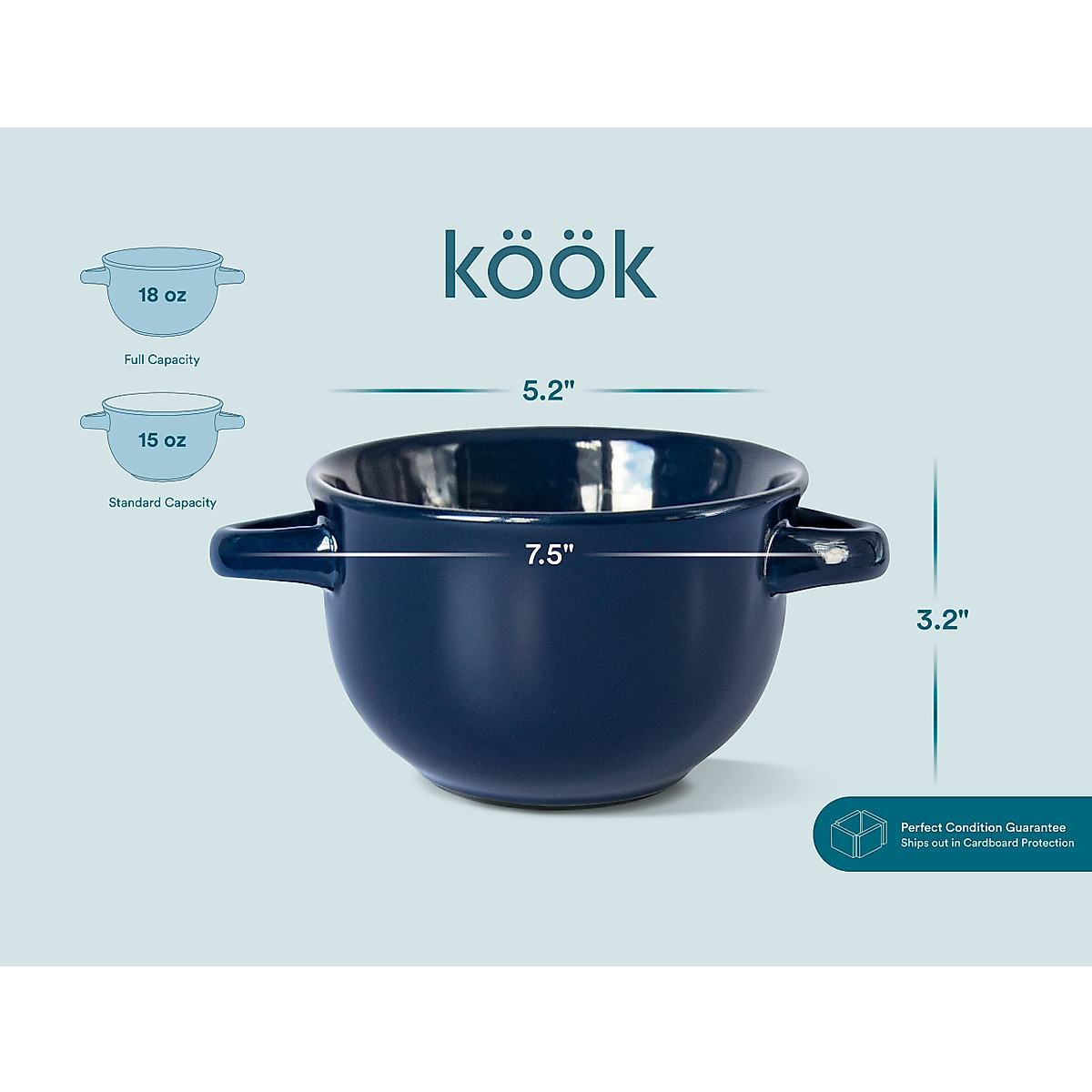 Soup Bowls, French Onion Soup Bowls, by Kook, Soup Crocks, Oven Safe Bowls, Soup Mugs, Ceramic Bowls, Dishwasher, Microwave, Set of 4, 18 oz (Blue)