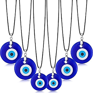 6 Pieces Evil Eye Pendant Necklace Turkish Blue Eye Necklace for Jewelry Glass Gift Eye Leather Rope Chain Necklace for Women Men Accessory (Round Style,1.2 Inch, 1.4 Inch)