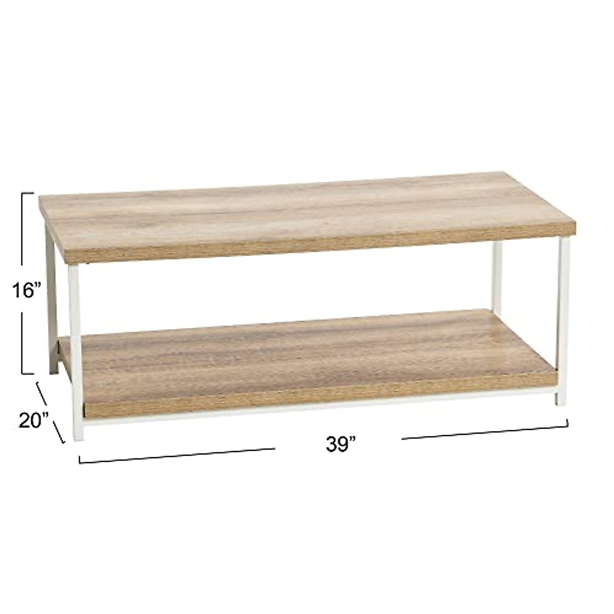 Household Essentials Jamestown Rectangular Coffee Table with Storage Shelf Coastal Oak Rustic Wood Grain and White Metal