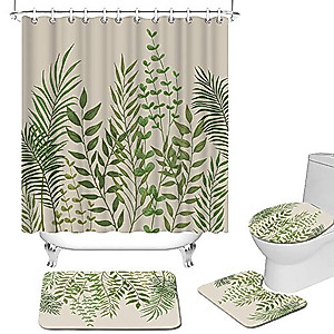 RyounoArt 4 Pcs Green Leaves Shower Curtain Set with Rugs and Accessories Vintage Plant Leaf Shower Curtain with Toilet Cover Waterproof Bathroom Curtain