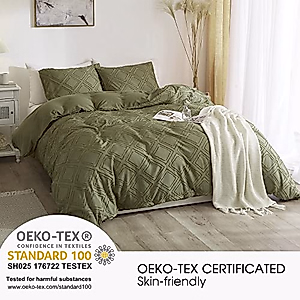 HYPREST Textured Duvet Cover, Green Duvet Covers QueenTufted Boho Style, Super Soft Breathable Bohemian Bedding Duvet Cover Set