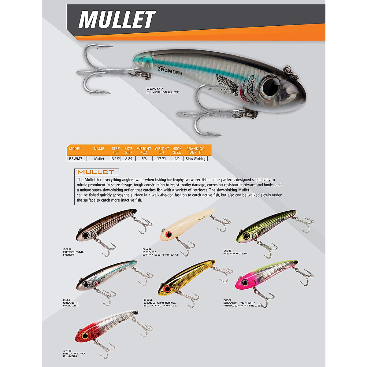 Bomber Lures Mullet Slow-Sinking Twitch, Walking Saltwater Fishing Lure, Excellent for Speckled Trout, Redfish, Stripers and More, 3 1/2", 5/8 oz, Bone Orange Throat