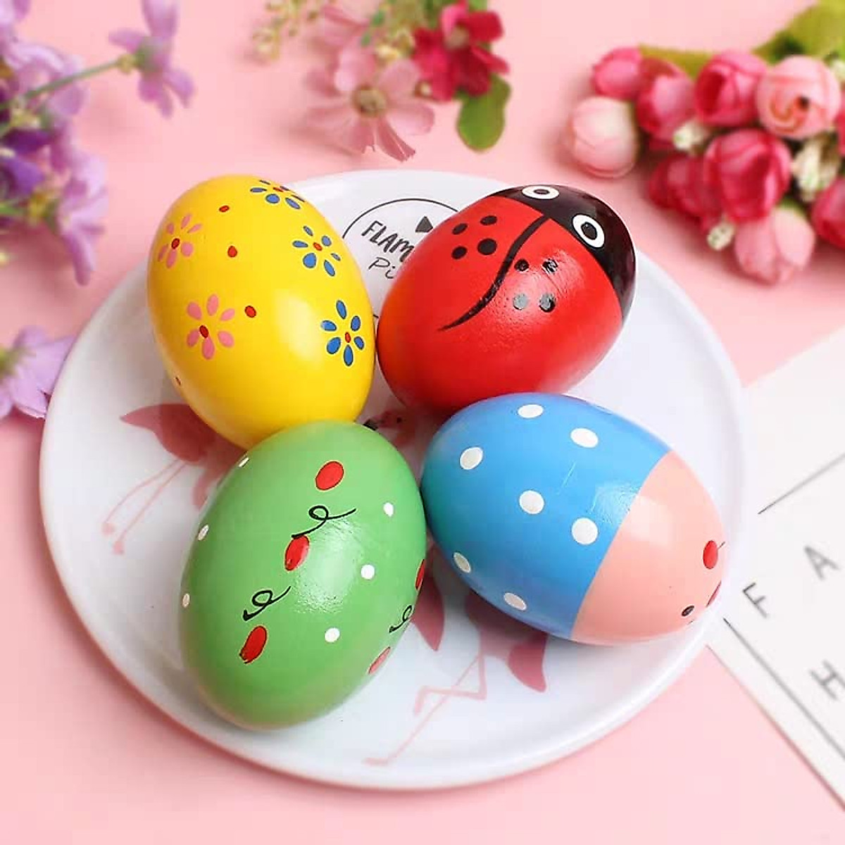 ANGJINY 6 Pack Easter Egg Shakers Maracas Natural, Wooden Musical Stocking Stuffers Percussion Instruments - basket Stuffers Easter Gift