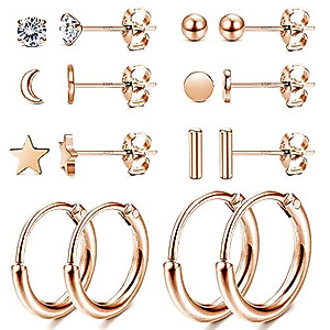 Milacolato 8 Pairs Sterling Silver Stud Earrings Set for Women 14K Rose Gold Plated Ball Dot CZ Star Moon Bar Tiny Earring Small Hoop Cartilage Earrings Set