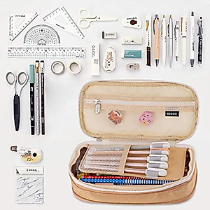 iSuperb Foldable Pencil Case Zipper Big Capacity Canvas Pencil Pouch Stationery Organizers Pen Bag Compartments Cosmetic Makeup Bags for Women (Khaki+Beige)