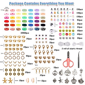 QUEFE 10500pcs, 42 Colors Clay Beads for Bracelet Making with Letter Smiley Face Peace Beads Different Charms Pendants, Polymer Heishi Beads Kit with Elastic Strings for DIY Craft Jewelry