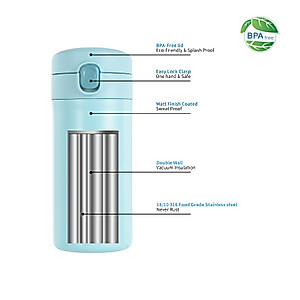 Diller Travel Coffee Mug, Mini Insulated Water Bottle 14 oz or 10 oz with Spout Lid, Leak Proof Coffee Tumbler for Kids and Women Keep 12H Piping Hot and 24H Cold (10 oz, Blue)