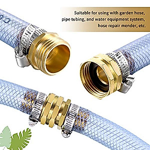 4 Set 3/4 Inch Solid Brass Garden Hose Connector Hose Mender, Water Hose Repair Kit Female and Male Hose Connector with Tape, Stainless Steel Clamp and Rubber Gasket