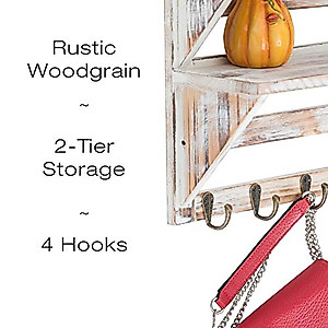 EXCELLO GLOBAL PRODUCTS 2-Tier Rustic Whitewashed Mounted Wood Wall Shelf with Shabby Chic, Farmouse Decor with 4 Hooks. Perfect for Any Room