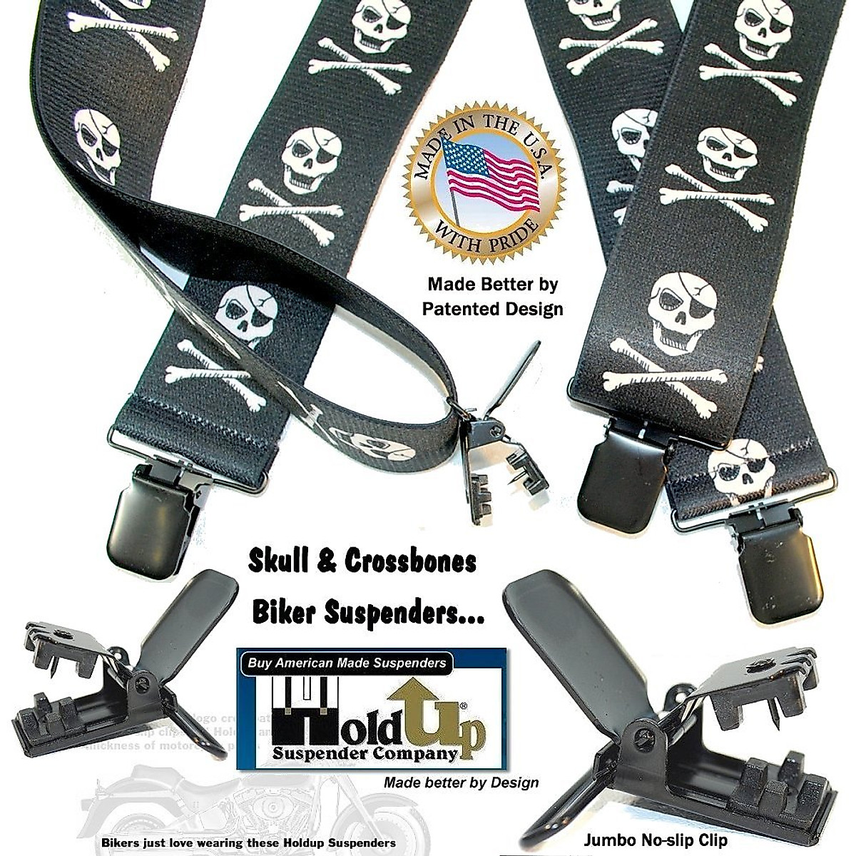 Holdup Suspender Company 2" wide Biker Skull & Crossbones Suspenders for Men with Patented Jumbo black metal no-slip Clips