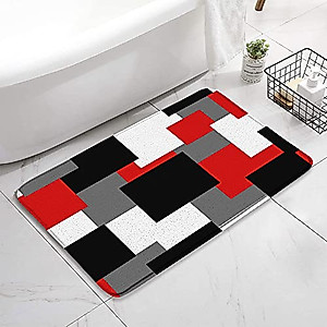 FEIERMAN Red Black Bath Mat White Gray Abstract Geometry Pattern Microfiber Memory Foam Bathroom Decor Mat Not Easy to Slide Backing 17.8X 29.5 Inch/45x 75cm