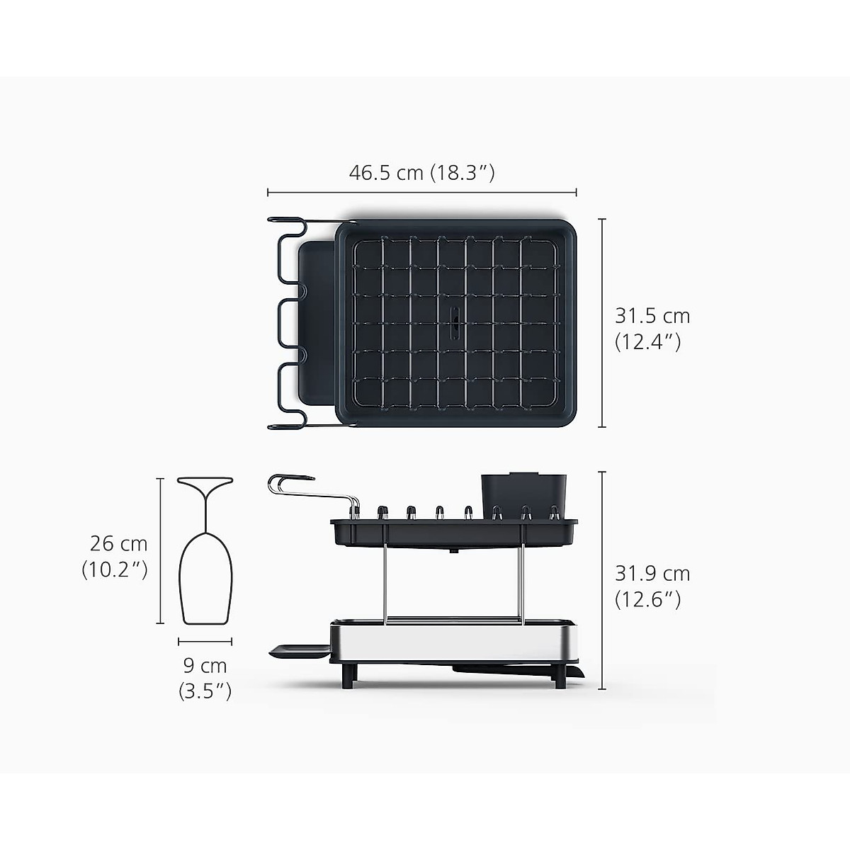 Joseph Joseph Dish Drying Rack with Wine Glass Holder - Space-Saving 2-Tier Design with Fast Draining System