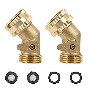 STYDDI 45 Degree Garden Hose Elbow Brass Connector with Shut-Off Valve, 3/4” GHT Water Hose Elbow Adapter for RVs or Outdoors, with 2 Extra Rubber Washers and 2 Washers with Screen, 2 Pack