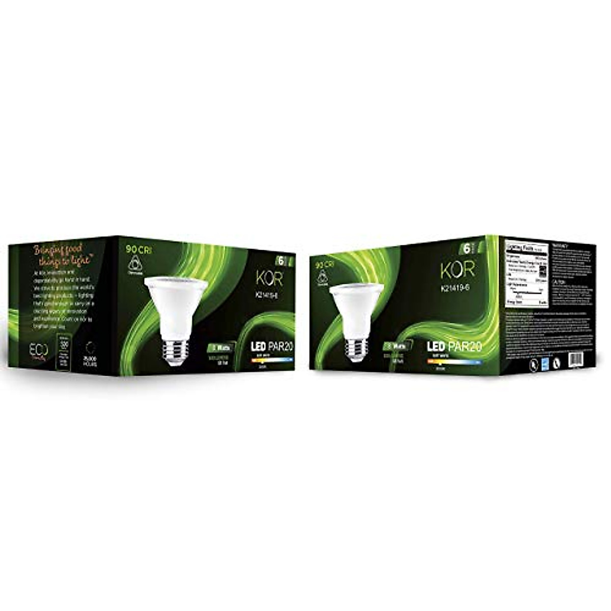 KOR (Pack of 6) LED PAR20 Light Bulbs, 8W (Replaces 50W 50PAR20), 3000K Soft White, E26 Base, Dimmable, Waterproof Indoor/Outdoor Use, UL & Energy Star