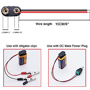 TWTADE 10 Pcs 9V I Type Battery Connector Leads + 2 x 2.1mm X 5.5mm DC Power Male Plug +2 Pair Alligator Clips I-023