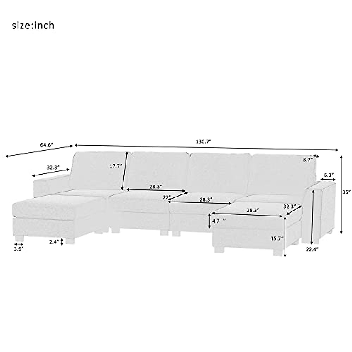 P PURLOVE Modern Large Sectional Sofa, U Shape Upholstered Couch, Sofa sectionals for Living Room with Removable Ottomans, for Living Room Apartment, Beige