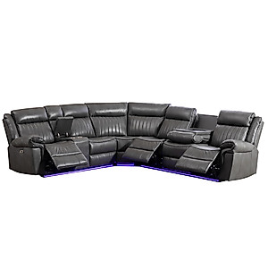 Hybition Power Reclining Sectional Sofa Multi-Functional 6 Seater Sectional Sofa L-Shaped PU Leather L-Shaped Sofa LED Lights Stereo Storage Cup Holders USB -Grey