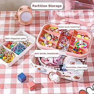 Cute Girls Hair Accessories Storage Organizer Box with Stickers, 3-Layers Plastic Hair Ties Holder Hair Clips Container Headbands Organizer Gift for Baby Girls, White+Pink (Without Accessories)