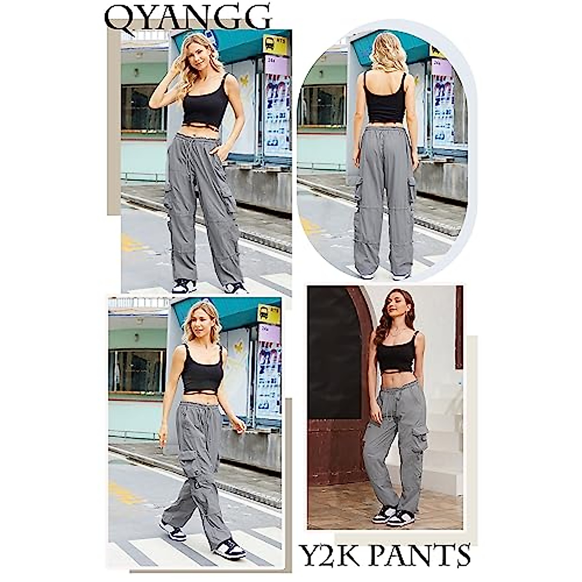 QYANGG Baggy Parachute Pants for Women& Girls Drawstring Elastic Low Waist Ruched Cargo Pants Multiple Pockets Jogger Y2K Grey