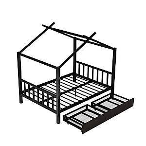 CITYLIGHT Full Size House Bed for Kids, Metal Full Platform Bed Frame with 2 Storage Drawers, Roof, Headboard and Footboard, Full Storage Canopy Bed for Kids, Girls & Boys, Black