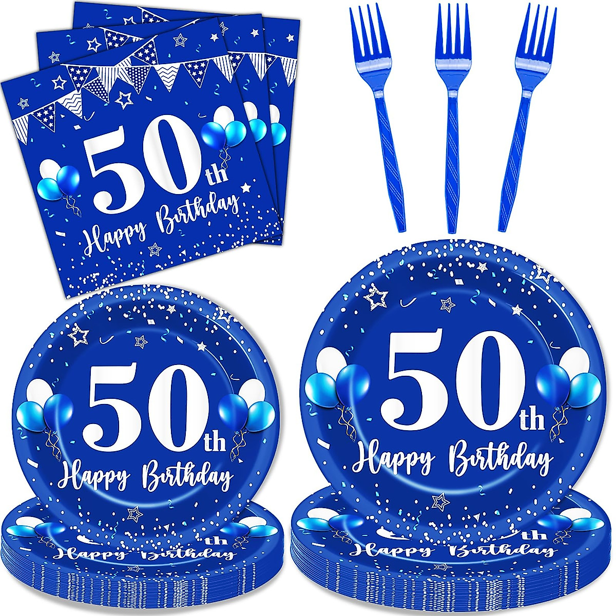 100 Pieces 50th Birthday Party Plates Napkins Blue and Silver Birthday Tableware Blue and Silver 50th Happy Birthday Dinnerware Dinner Dessert Plates Napkins for Blue Birthday Party Supplies Serve 25