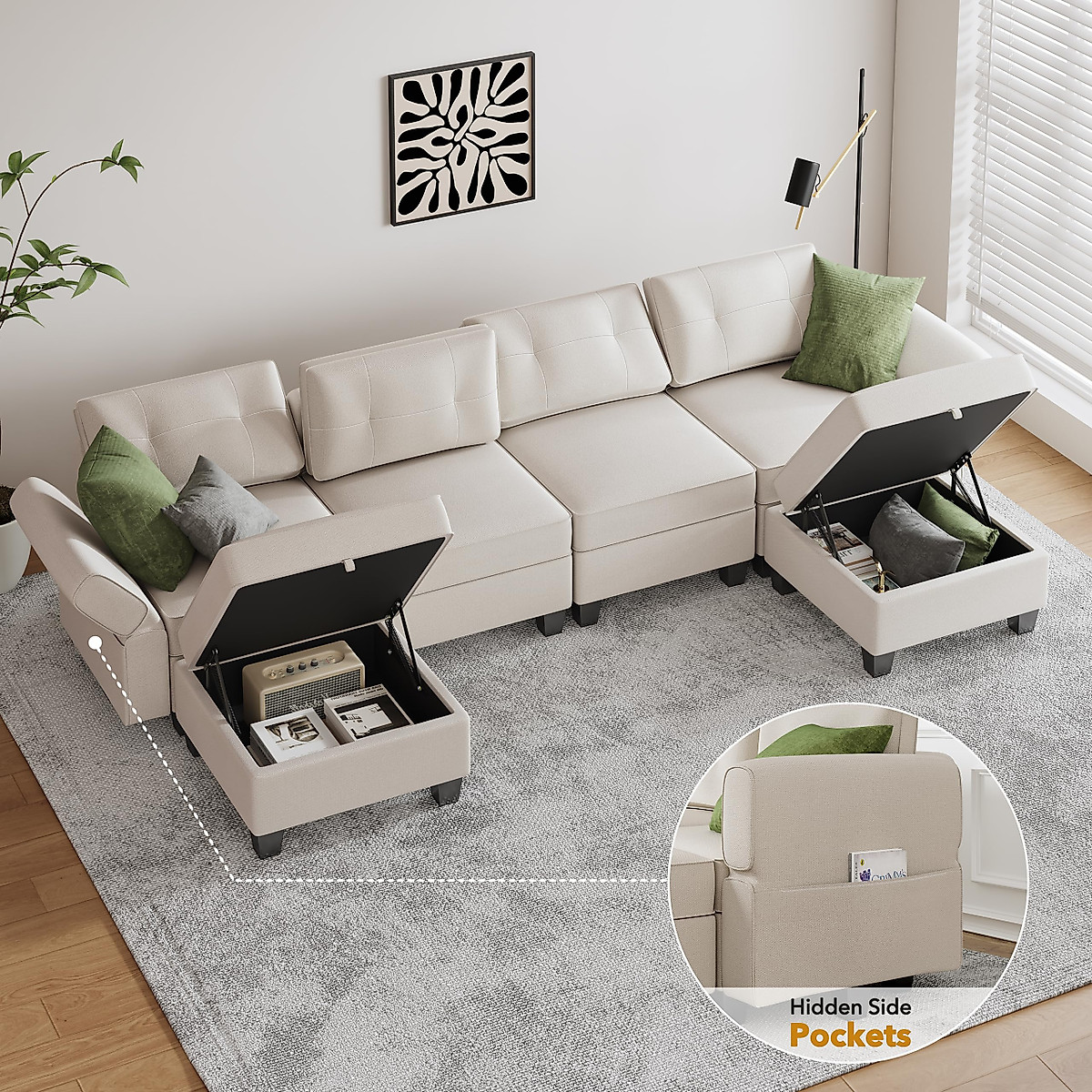 AYEASY Modular Sectional Sofa, Convertible Sectional Couches for Living Room U Shaped Sectional Sofa Couch with Storage Ottoman, High Supportive 6 Seats Reversible Sectionals 113'' with Chaise, Beige