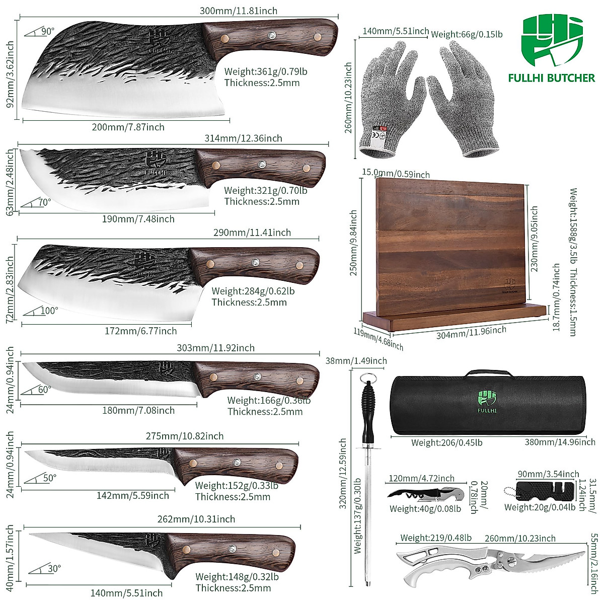 FULLHI Butcher Knife Set with Kitchen Shears, Hand Forged Chef Boning Knife With Scissors High Carbon Steel Carving Fish Knife Chef Knife For Kitchen, Camping, BBQ (Brown, N12PCS with Knife Holder)