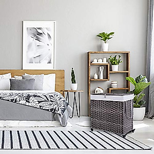 Crehomfy Laundry Hamper with Wheel and Removable Liner Bag, 130L Synthetic Rattan Wicker Handwoven Laundry Basket with Lid and Handle, 3 Section Divided Dirty Clothes Hamper for Laundry Bedroom Gray