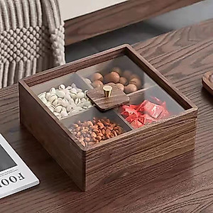 Show Box Solid Black Walnut Wood Snack Storage Container Collectable Box Case for Candy and Nuts with Glass Lid Cover Top, 4 Compartments S