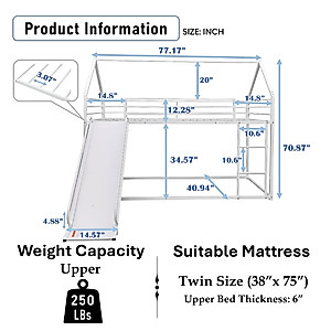 PVWIIK Twin Over Twin Metal Bunk Bed with Slide and Roof Design for Kids,Girls, Boys,House Shaped Bunk Bed Frame,No Box Spring Required,White