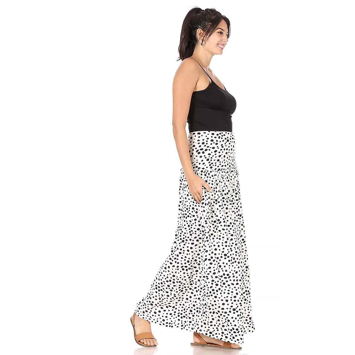 Black Polka Dot Skirts for Women Ankle Length Skirt Casual Long Skirt High Waisted Maxi Skirt Reg and Plus Size Skirt Long Skirt (Size Medium, Black Polka Dot)