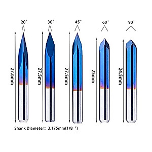 20/30/45/60/90deg 0.1mm Triangular CNC Router Bits Set, 1/8" Shank Engraving Carving V-Bit with Nano Blue Coating Sharp Pyramid Bits for Acrylic Wood MDF Aluminum Lettering Sign Making