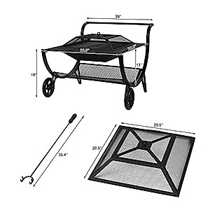 HARBOURSIDE Patio 27 Inch Fire Pits Outdoor Wood Burning with Wheels, Steel Square Firepit with Grill, Grate, Spark Screen, Fire Poker, Portable Fire Pit for Outside Fireplace