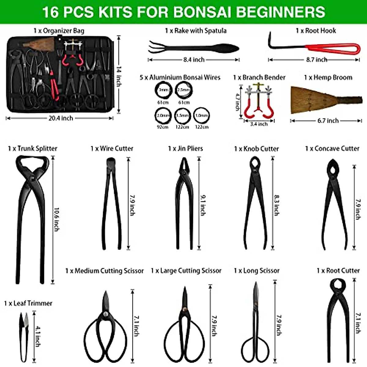 Kornculor 16 Pcs Bonsai Tool Sets High Carbon Steel Gardening Trimming Tools Set with Pruning Shears, Bonsai Scissors, Bonsai Wires, Leather Bag for Garden Plant