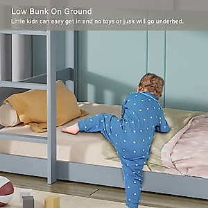 JOYMOR Twin Over Twin Bunk Bed for Kids Children Teens, Solid Wood Bunk Bed Frame with Ladder and Guard Rail Space Saving Beds Frames for Bedroom, Gray (Mattress not Included)